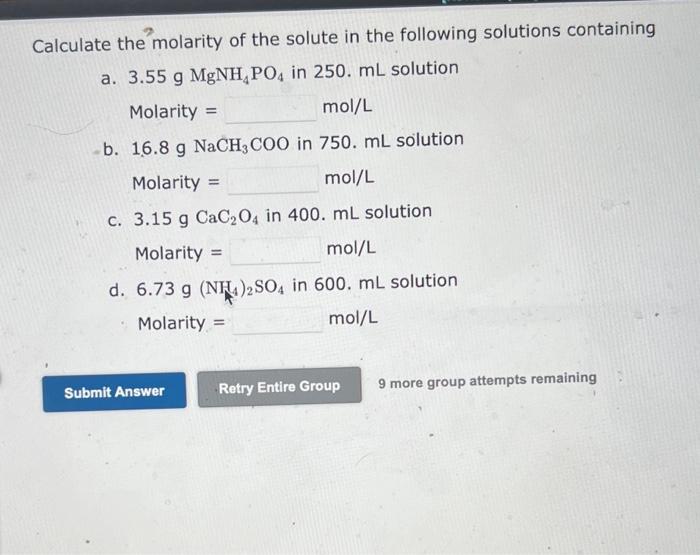 Solved Calculate the molarity of the solute in the following | Chegg.com