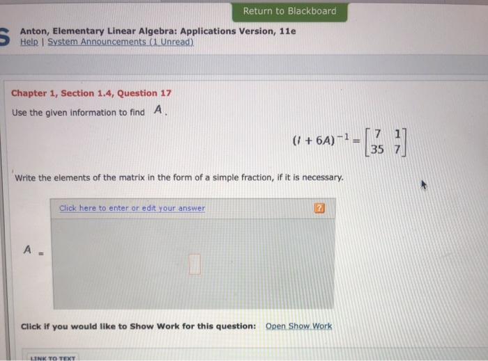 Solved Return to Blackboard Anton, Elementary Linear | Chegg.com
