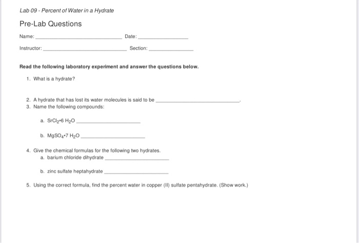 Solved Lab 09 - Percent of Water in a Hydrate Pre-Lab | Chegg.com