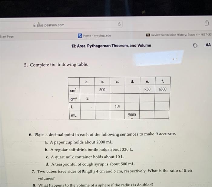 13: Area, Pythagorean Theorem, and Volume ssessment | Chegg.com