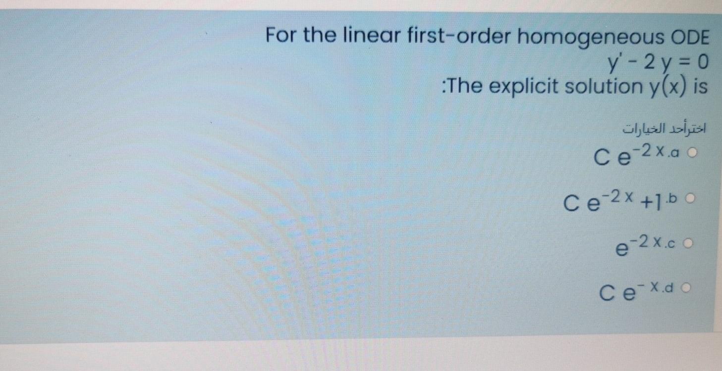 Solved For the linear first-order homogeneous ODE y' - 2 y = | Chegg.com