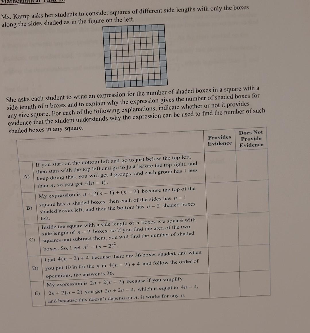 Ms. Kamp asks her students to consider squares of | Chegg.com