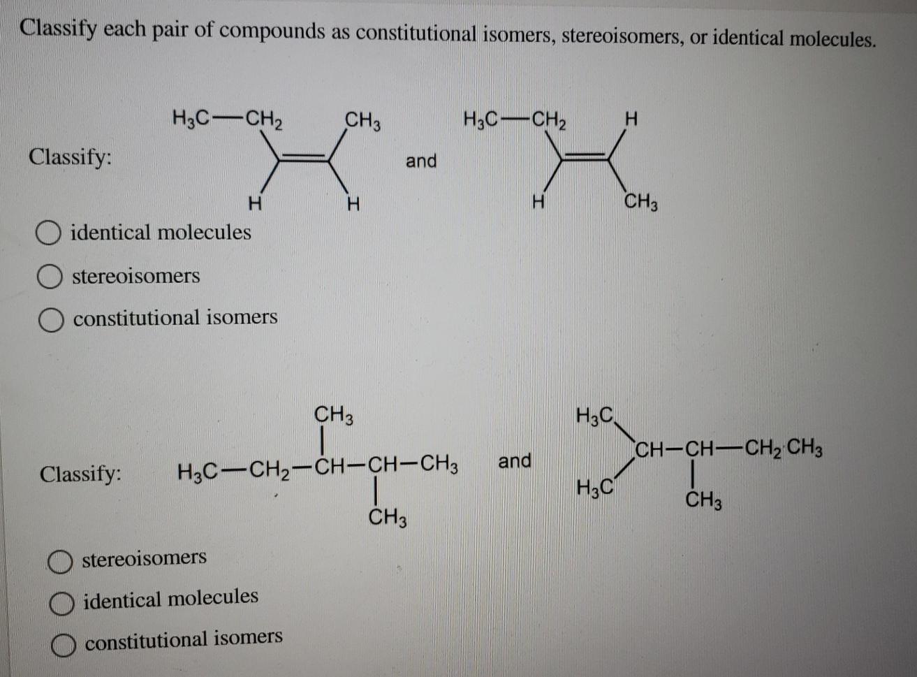 Solved Classify each pair of compounds as constitutional | Chegg.com