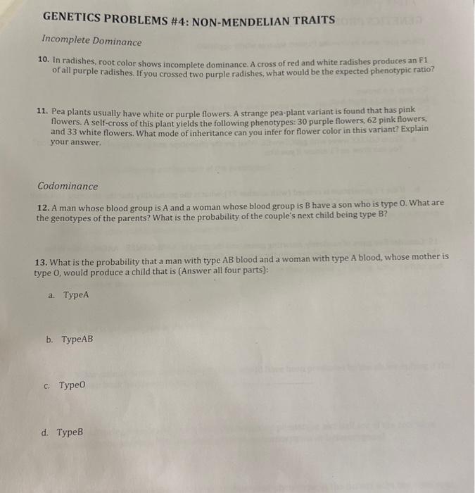 Solved GENETICS PROBLEMS \\#4: NON-MENDELIAN TRAITS | Chegg.com