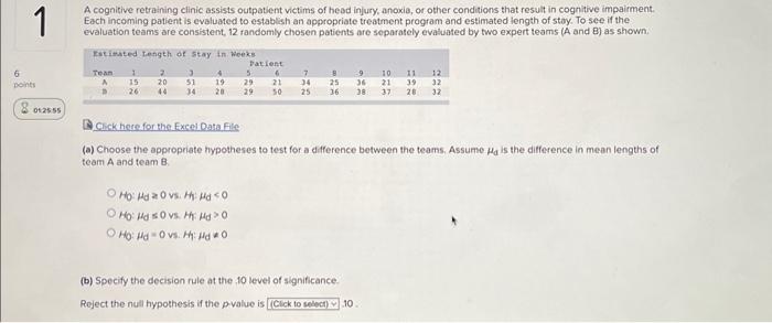 Solved A cognitive retraining clinic assists outpatient | Chegg.com