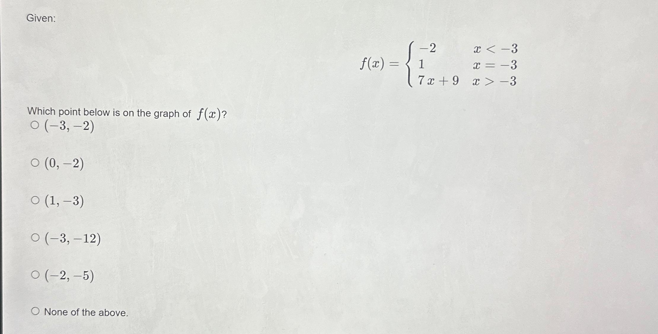 Solved Given:f(x)={-2,x -3Which point below | Chegg.com