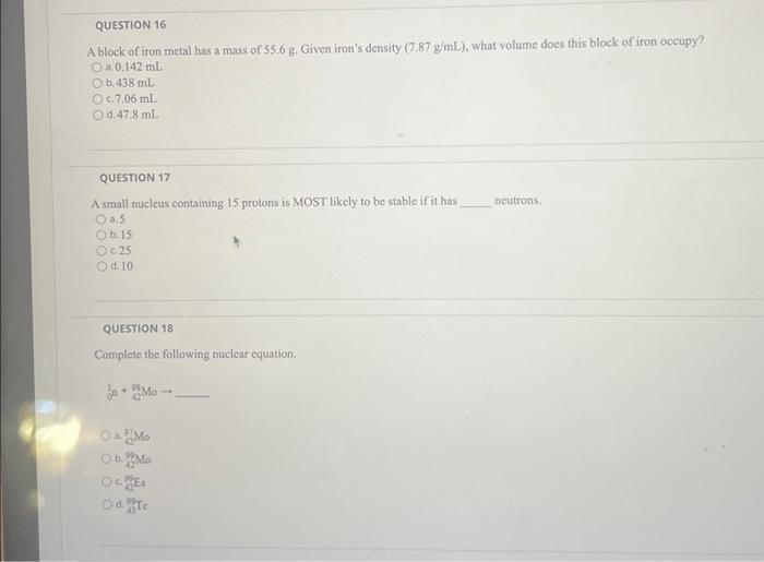 Solved QUESTION 16 A block of iron metal has a mass of 55.6 | Chegg.com