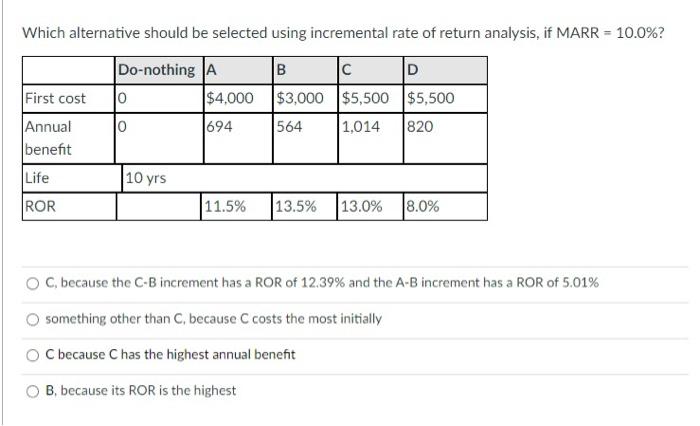 Solved Which alternative should be selected using | Chegg.com