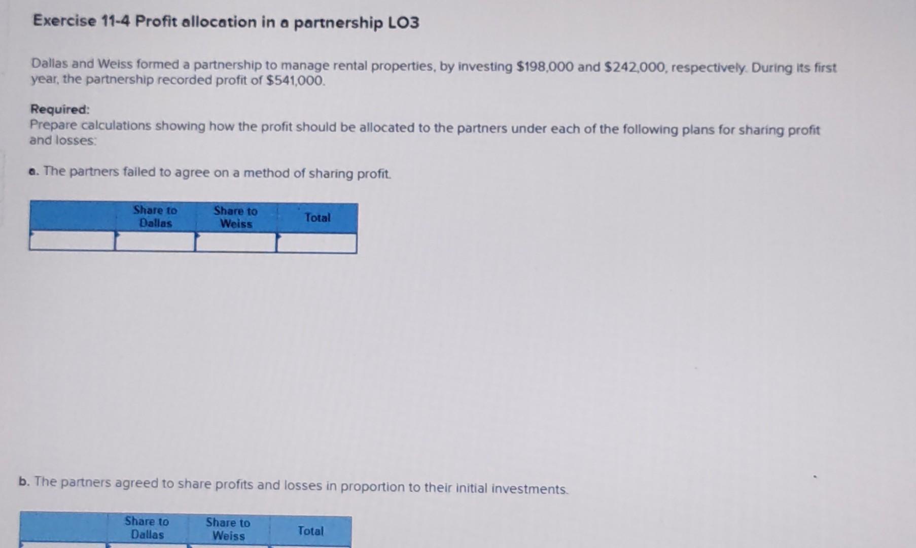 Solved Exercise 11-4 Profit allocation in a partnership LO3 | Chegg.com