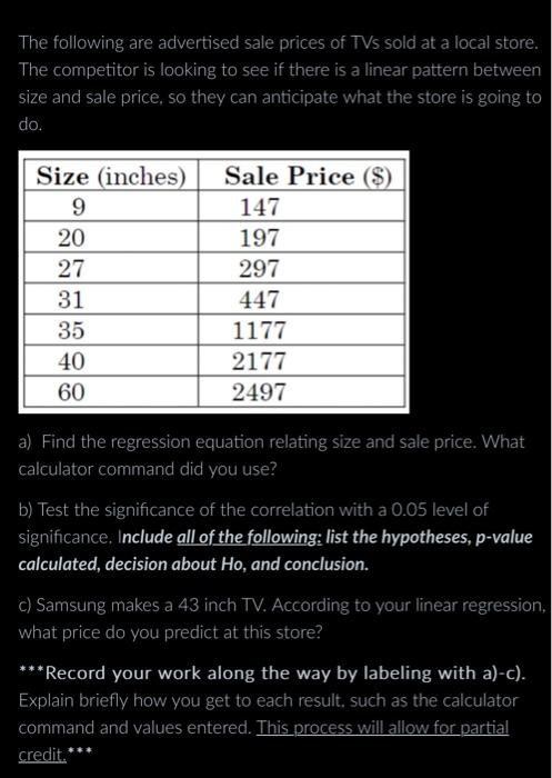 Solved The following are advertised sale prices of TVs sold | Chegg.com
