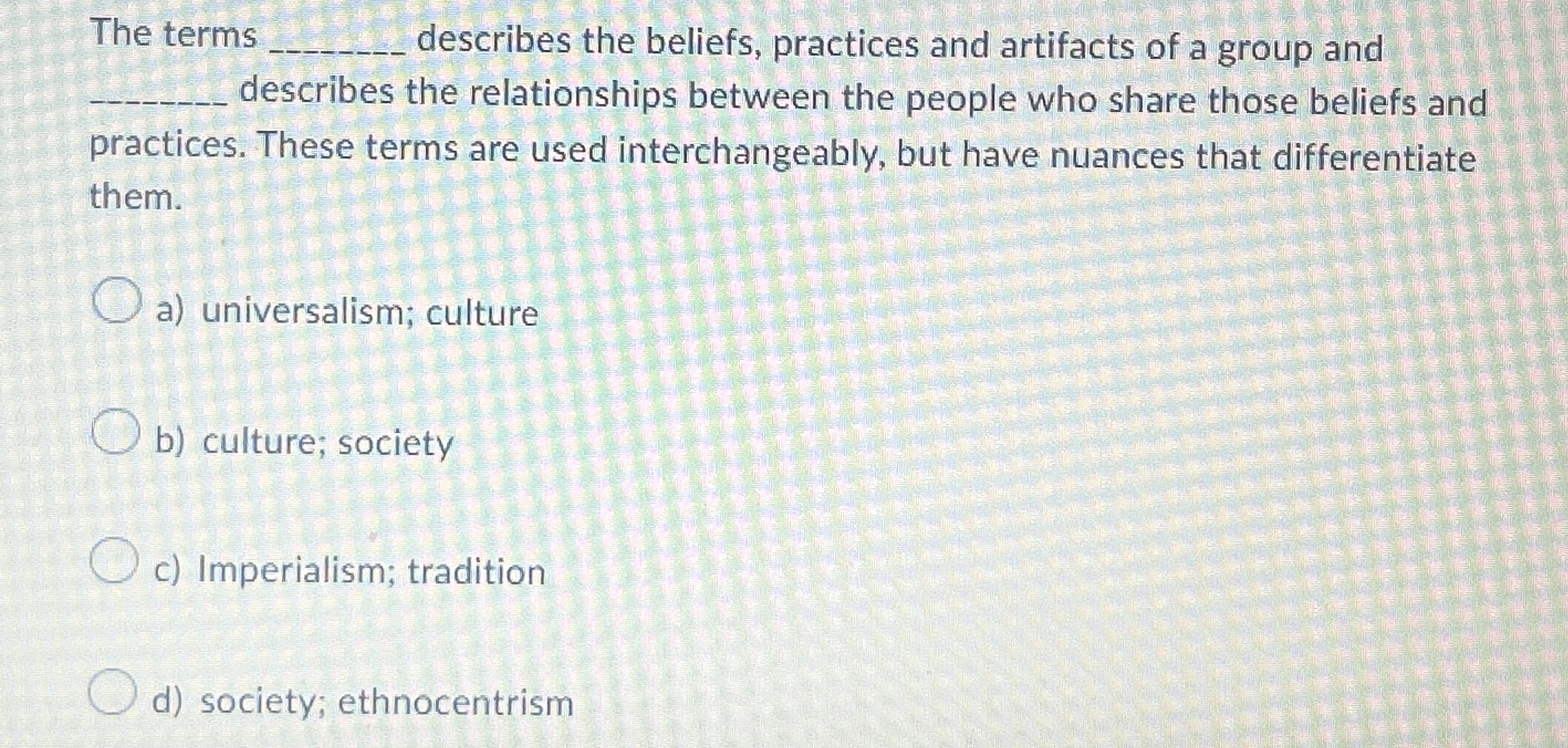 Solved The terms q, ﻿describes the beliefs, practices and | Chegg.com