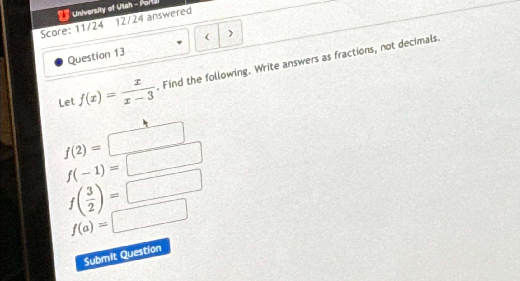 Solved Let f(x)=xx-3. ﻿Find the following. Write answers as | Chegg.com