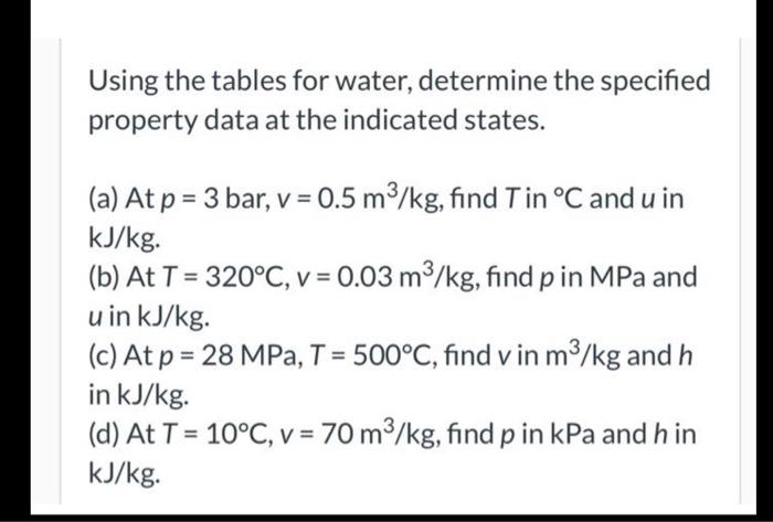 Solved Using the tables for water, determine the specified | Chegg.com