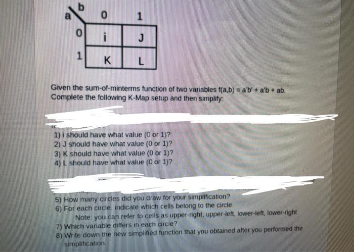 Solved 0 1 O i J 1 к L Given the sum-of-minterms function of | Chegg.com