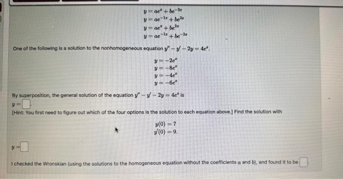 Solved y=ae2+be−2xy=ae−1x+be2xy=ae2+be2xy=ae−1x+be−2x One of | Chegg.com