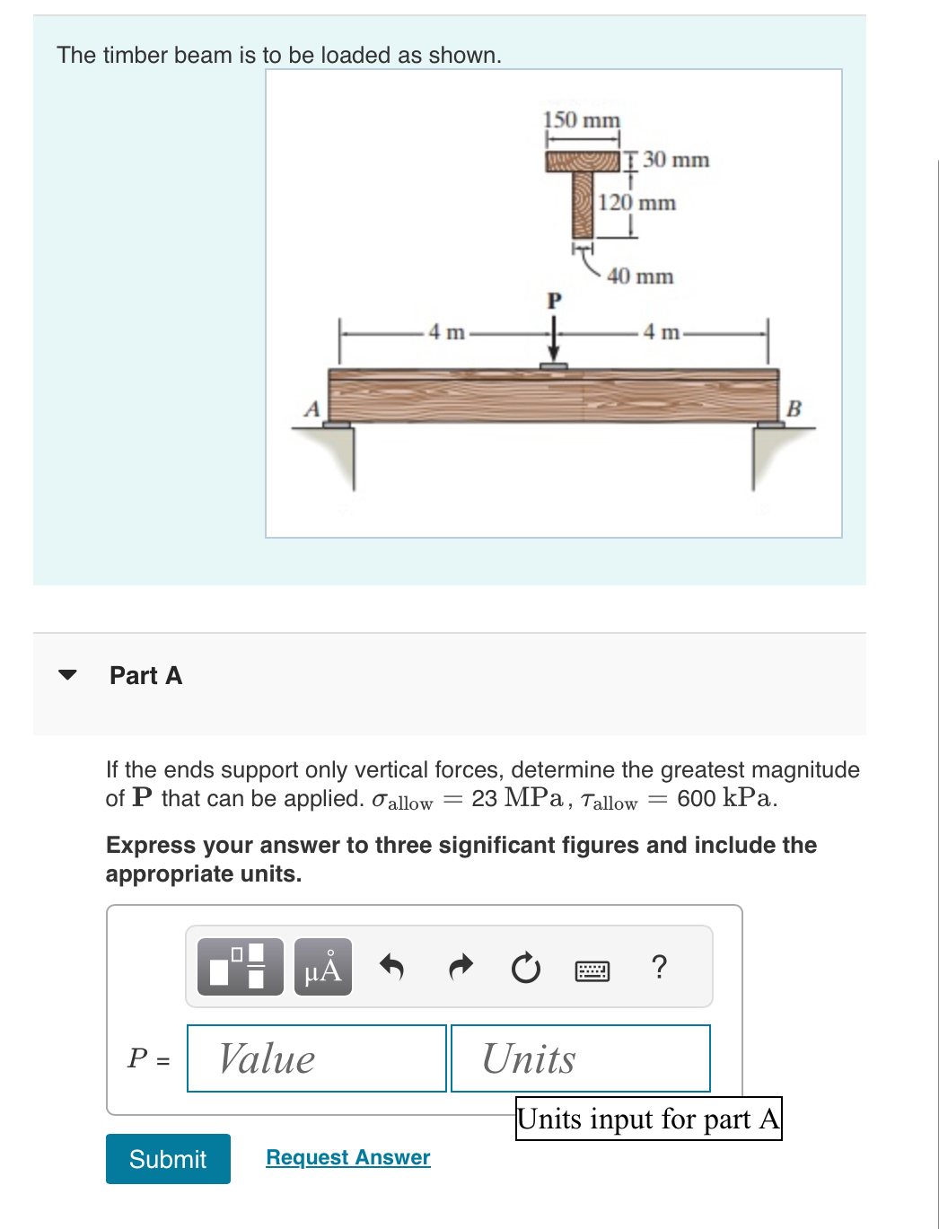 Solved The timber beam is to be loaded as shown.Part AIf the | Chegg.com