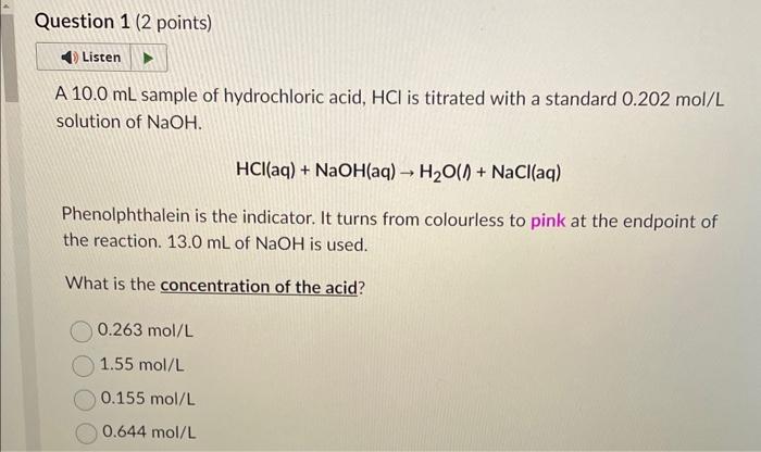Solved A 10.0 mL sample of hydrochloric acid, HCl is | Chegg.com
