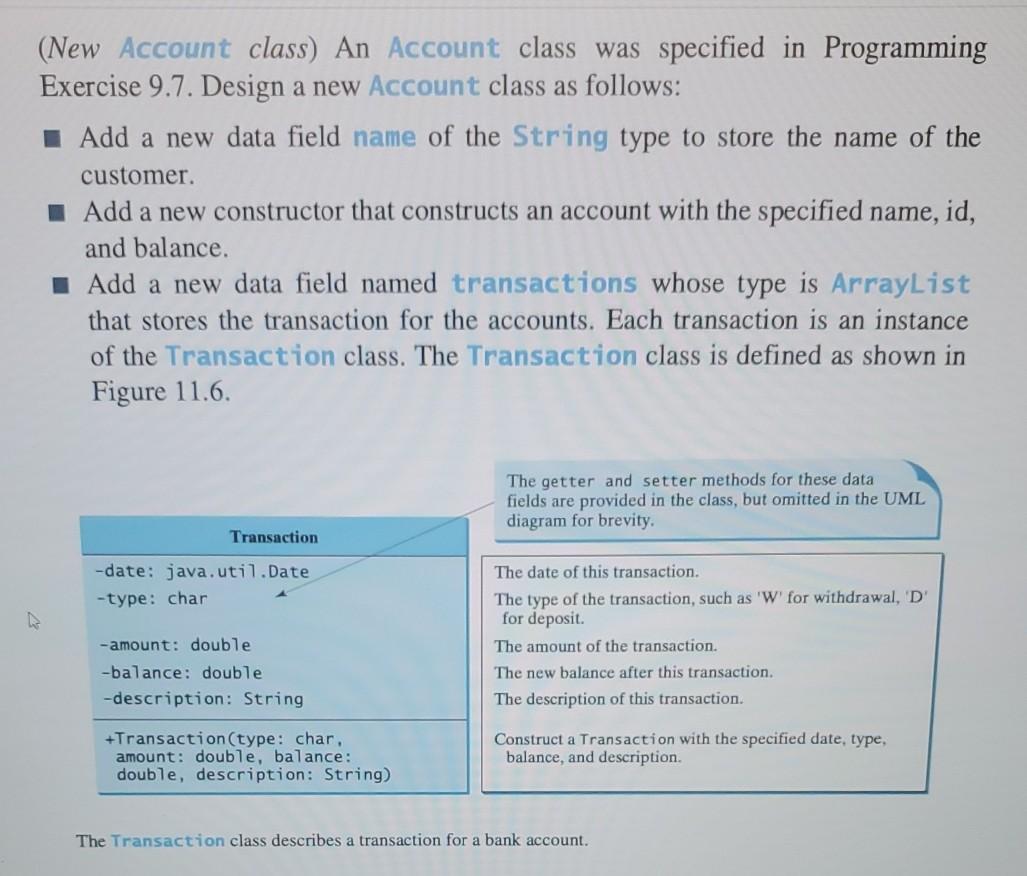 Solved (New Account class) An Account class was specified in | Chegg.com
