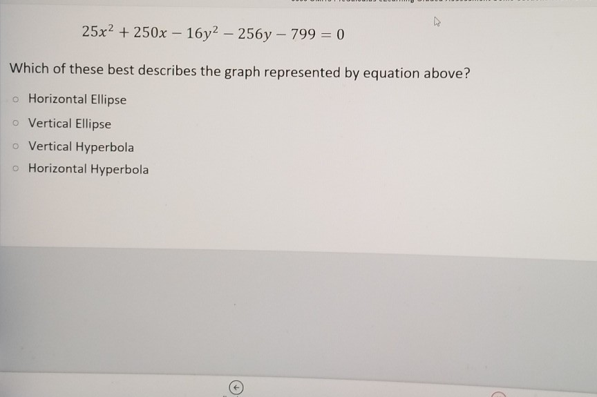 Solved 25x2 + 250x – 16y2 – 256y – 799 = 0 Which of these | Chegg.com