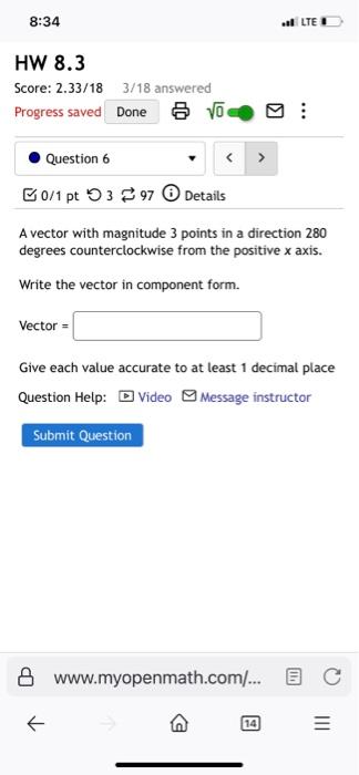 Solved A vector with magnitude 3 points in a direction 280 | Chegg.com