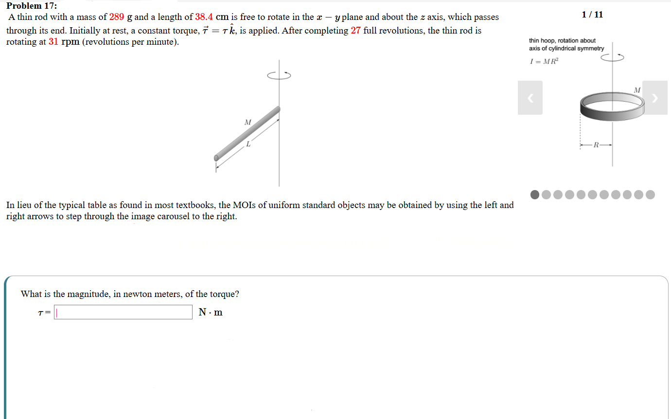 Solved Problem 17:A thin rod with a mass of 289 ﻿g and a | Chegg.com
