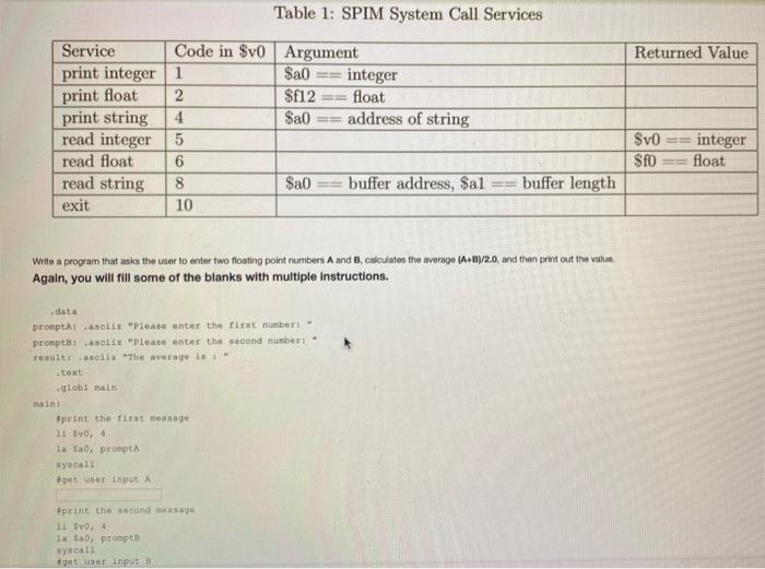 Solved Table 1: SPIM System Call Services Returned Value | Chegg.com