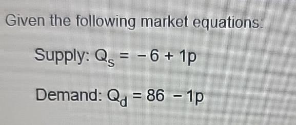 Solved Given the following market equations:Supply: | Chegg.com