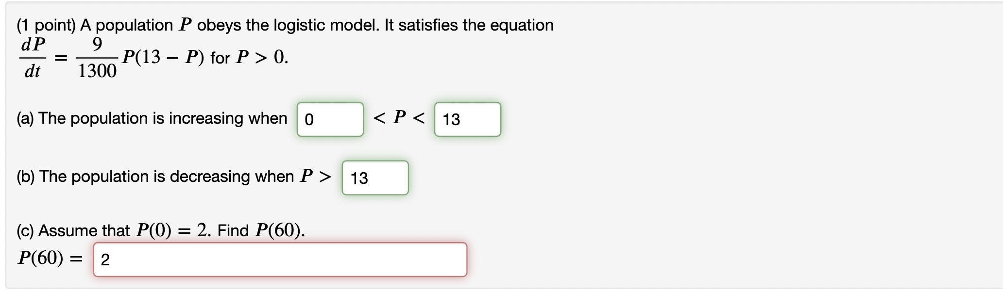 Solved (1 ﻿point) ﻿A population P ﻿obeys the logistic model. | Chegg.com