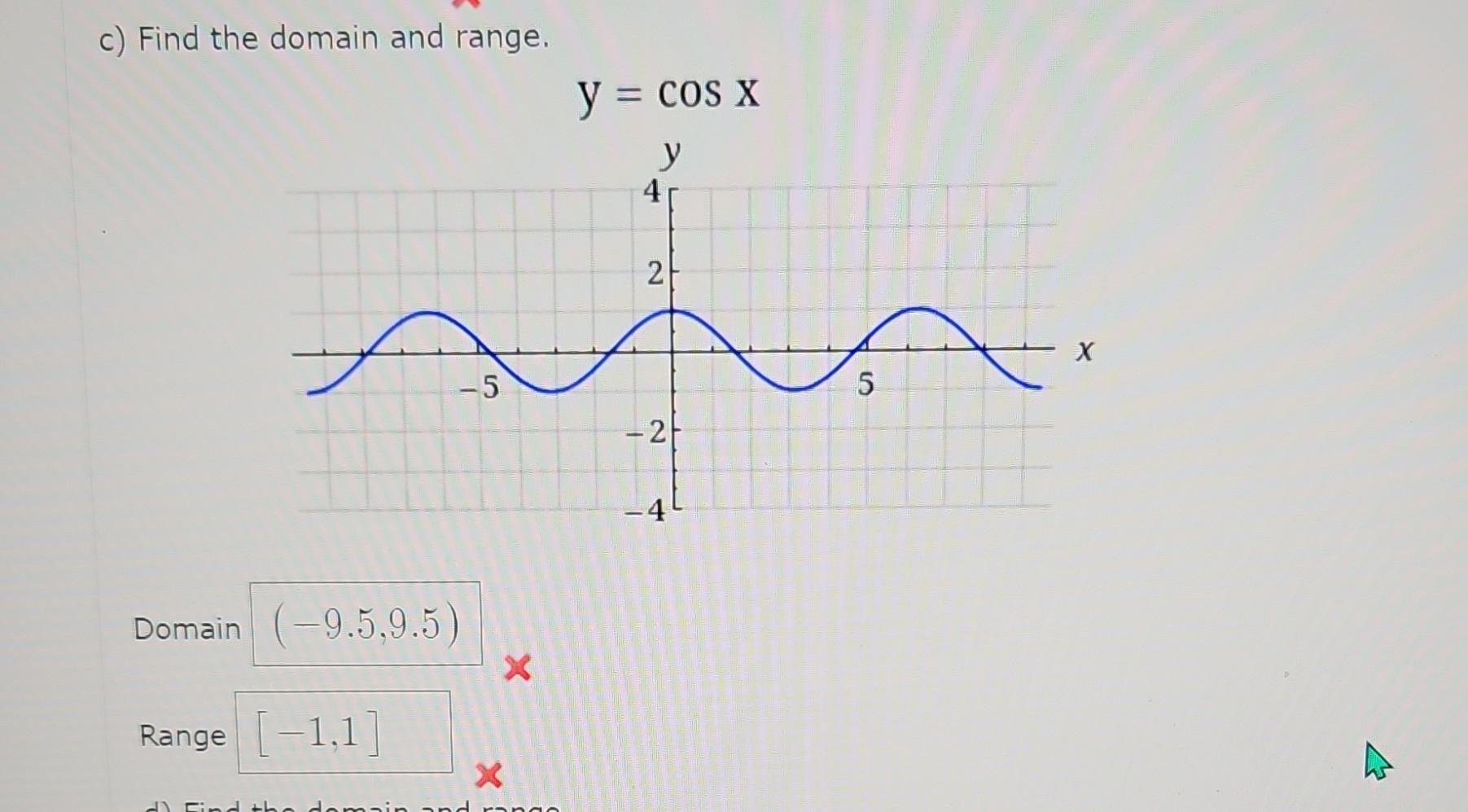 Solved c) Find the domain and range. y=cosx Domain Ranged) | Chegg.com