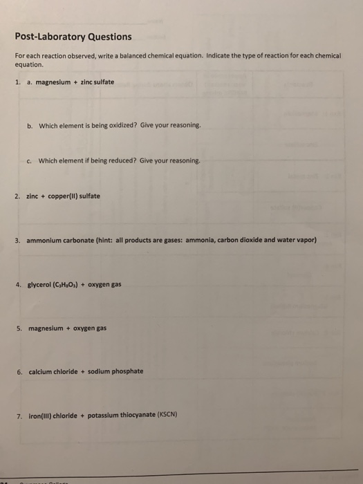 Solved Post-Laboratory Questions For each reaction observed, | Chegg.com