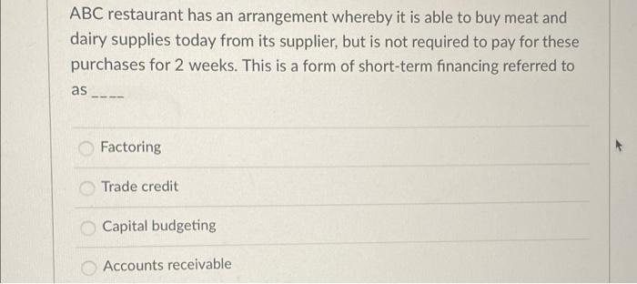 Solved ABC restaurant has an arrangement whereby it is able | Chegg.com