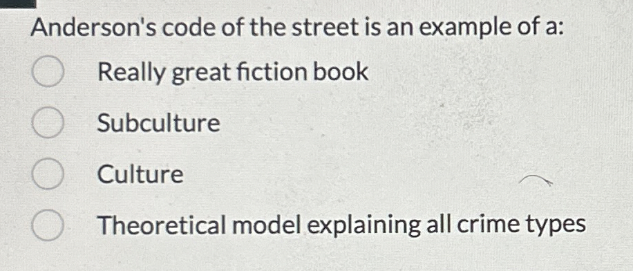 Solved Anderson's code of the street is an example of | Chegg.com