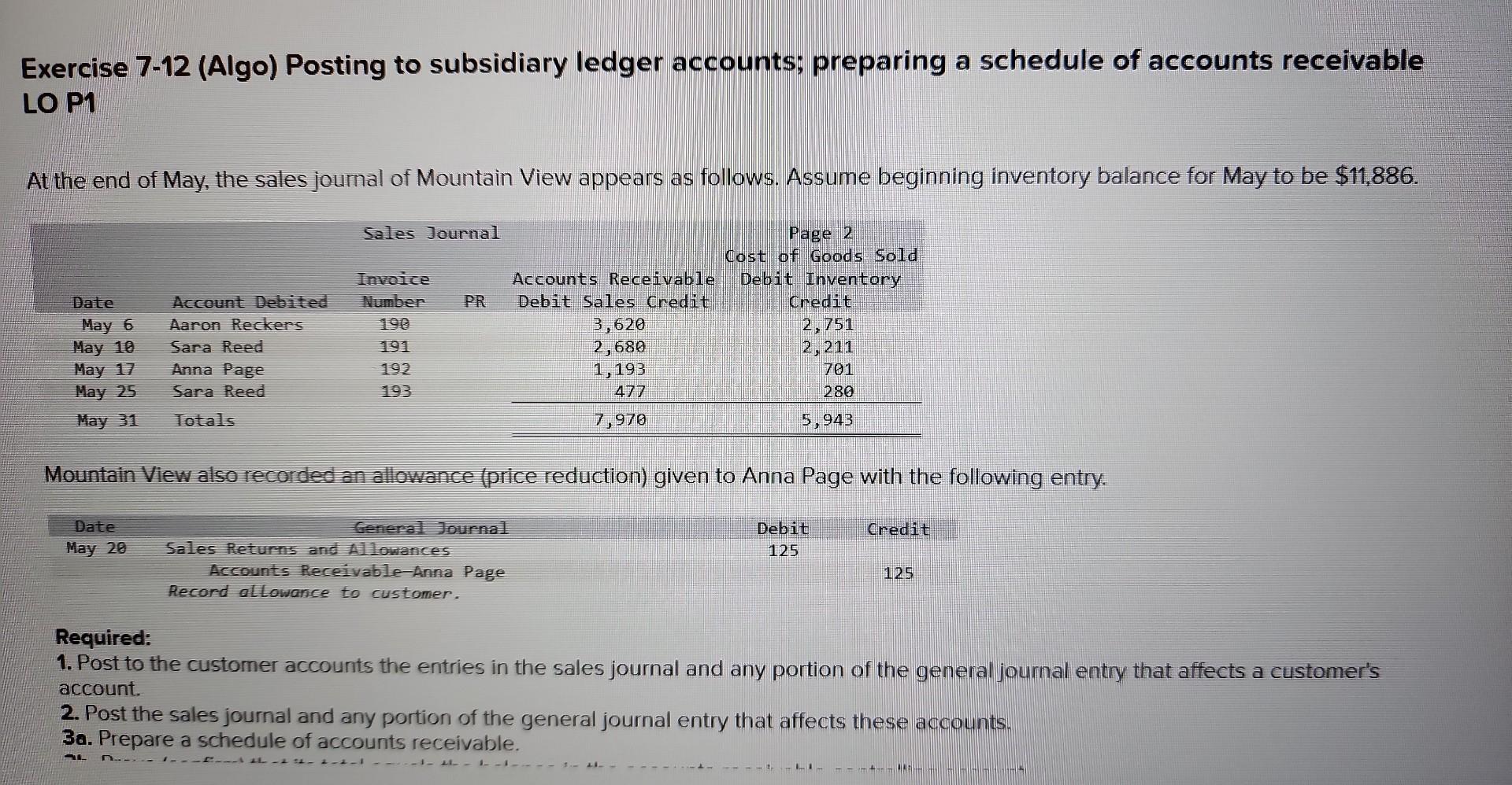 Solved Exercise 7-12 (Algo) Posting to subsidiary ledger | Chegg.com