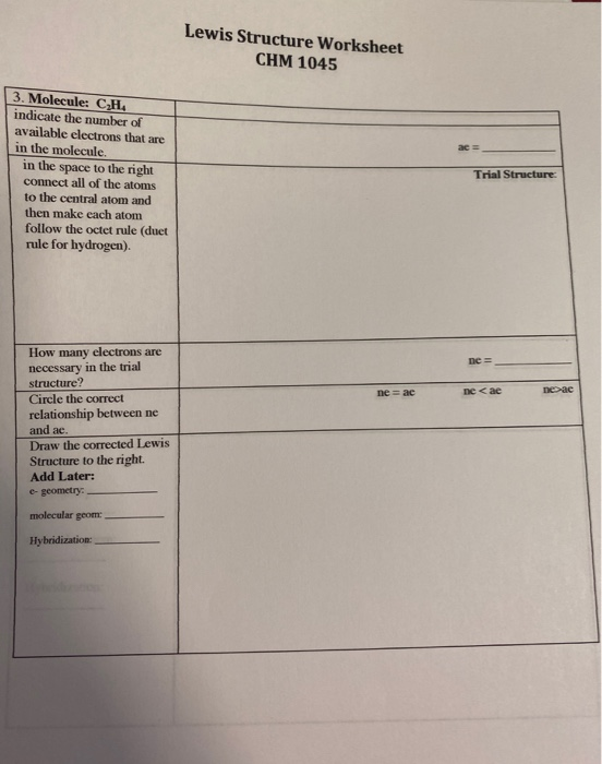 Solved Lewis Structure Worksheet CHM 1045 ac 3. Molecule: | Chegg.com