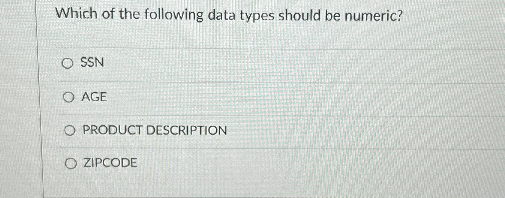 Solved Which of the following data types should be | Chegg.com