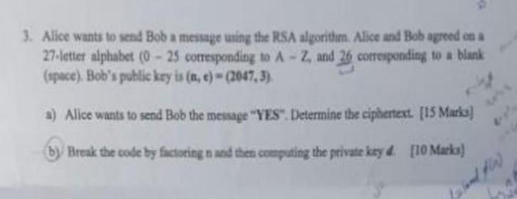 3. Alice wants to end Bob a menage uiing the RSA | Chegg.com
