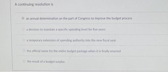 Solved A continuing resolution is an annual determination on | Chegg.com