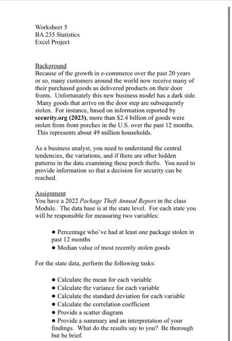 Solved Worksheet 5 BA 235 Statistics Excel Project | Chegg.com