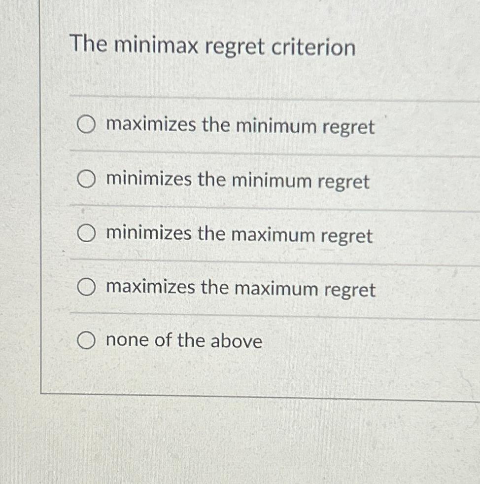 Solved The minimax regret criterionmaximizes the minimum | Chegg.com