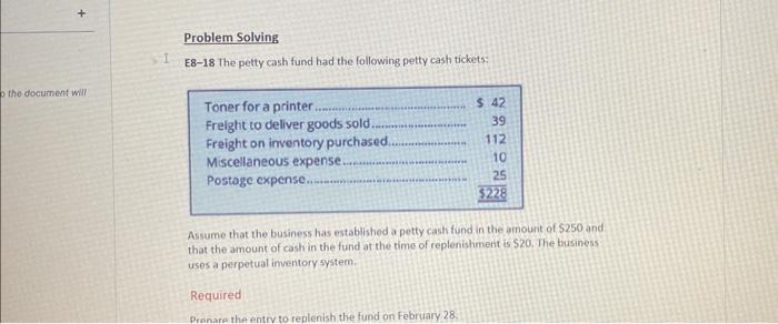 Solved + ocument will I Problem Solving E8-18 The petty cash | Chegg.com