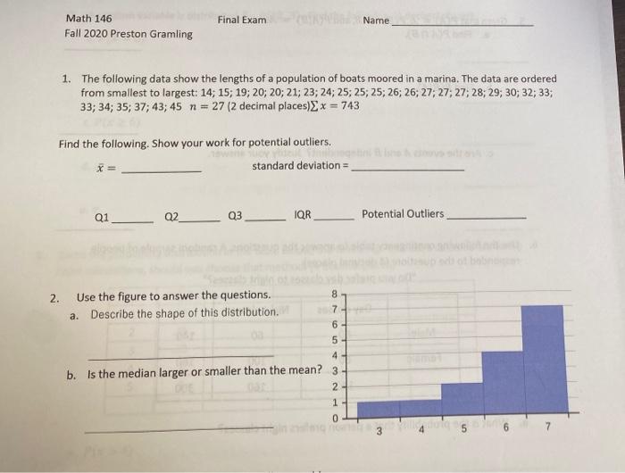Solved Math 146 Fall 2020 Preston Gramling Final ExaminaName | Chegg.com