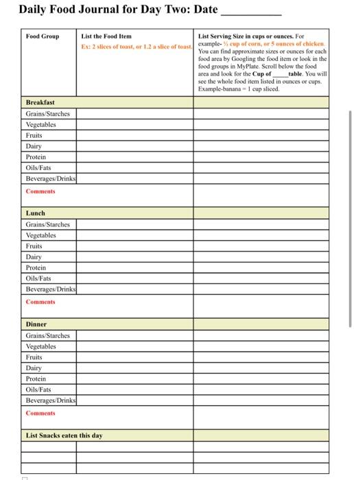 FILL OUT THESE TWO CHARTS WITH RANDOM FOOD AND AFTER | Chegg.com