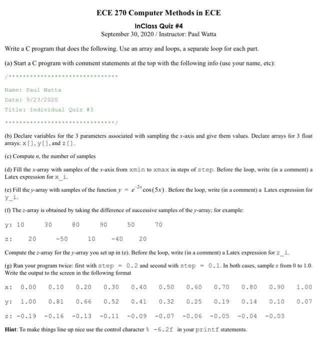 ECE 270 Computer Methods in ECE InClass Quiz #4 | Chegg.com