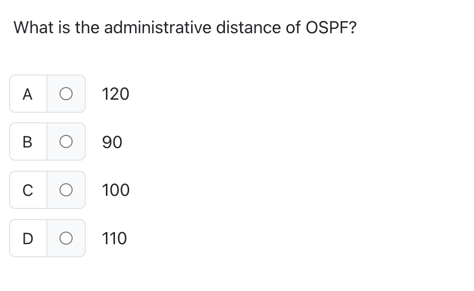 Solved What is the administrative distance of OSPF?A 120B | Chegg.com