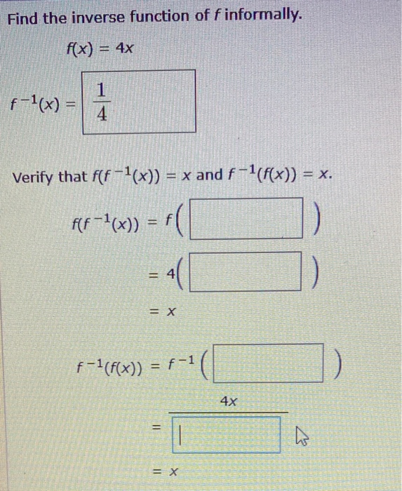 Solved Find the inverse function of f informally. f(x) = 4x | Chegg.com