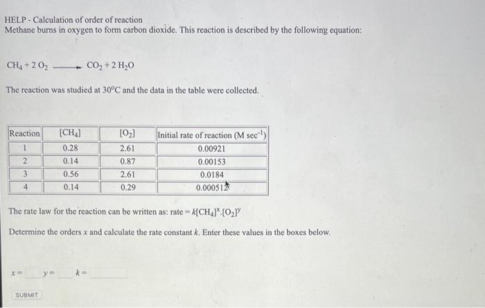 Solved HELP - Calculation of order of reaction Methane burns | Chegg.com