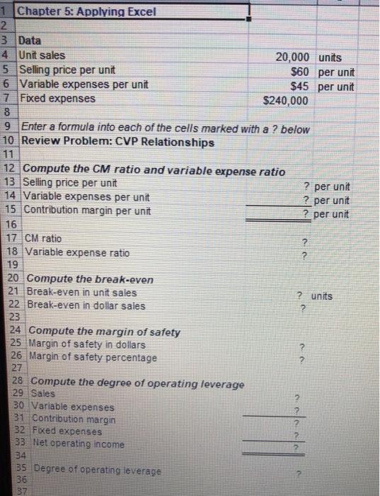 Solved 1 Chapter 5: Applying Excel 2 3 Data 4 Unit sales | Chegg.com