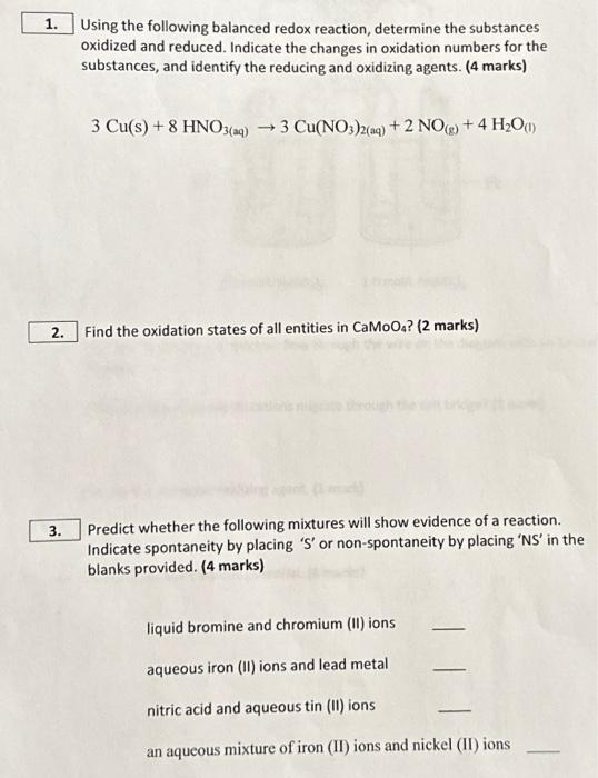 Solved 1. Using the following balanced redox reaction, | Chegg.com