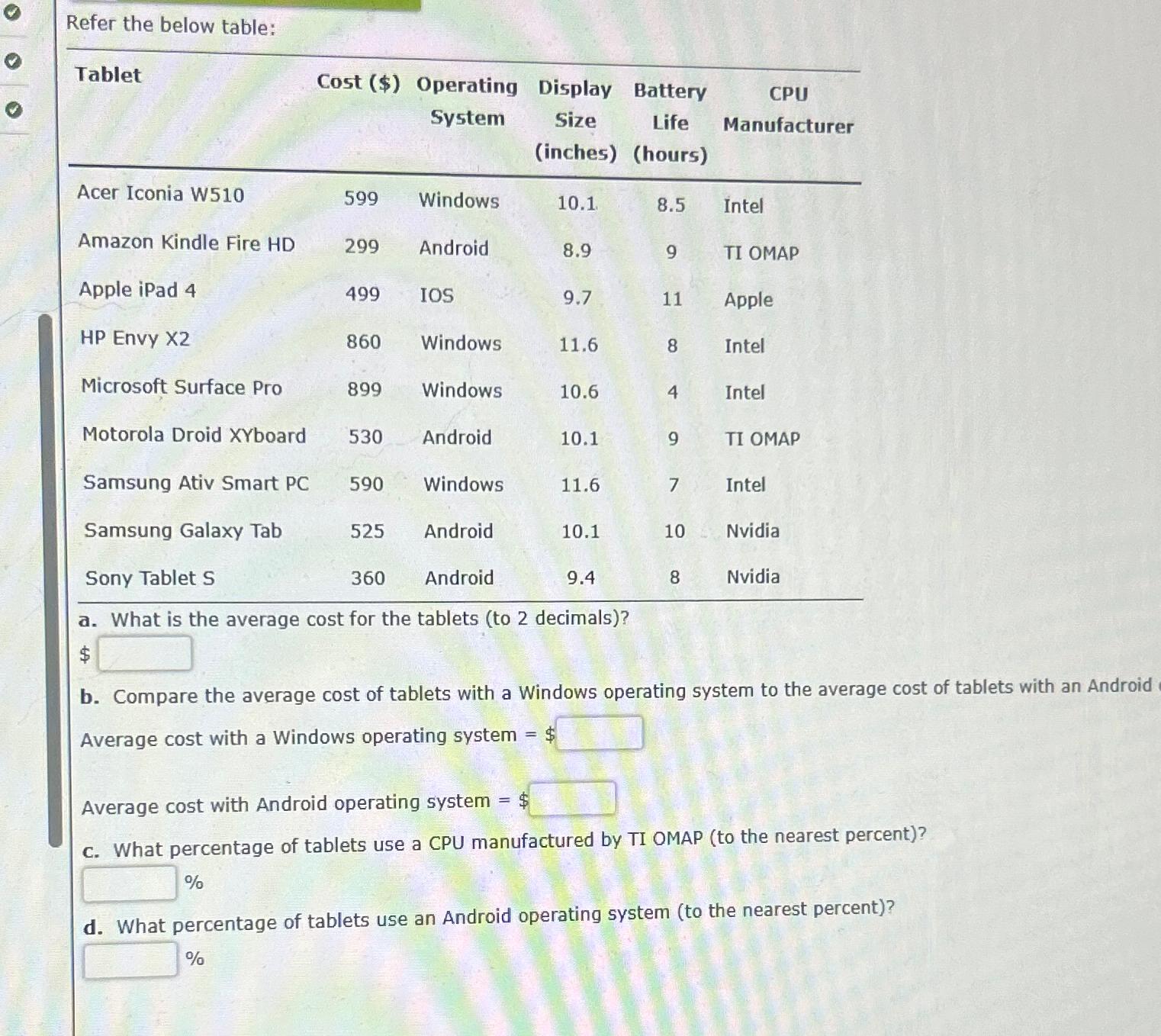 Solved Refer the below table:\table[[Tablet,Cost | Chegg.com