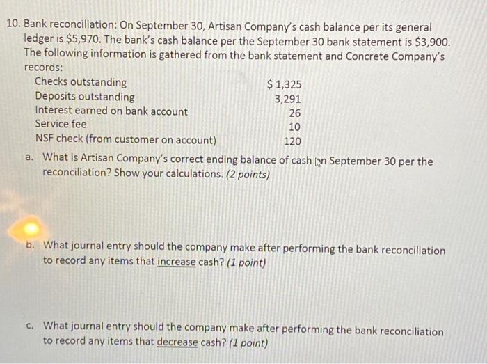 Solved 10. Bank reconciliation: On September 30, Artisan | Chegg.com